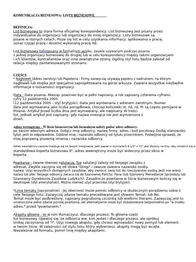 Komunikacja biznesowa - Listy biznesowe, definicja, rodzaje, typy, format | PDF