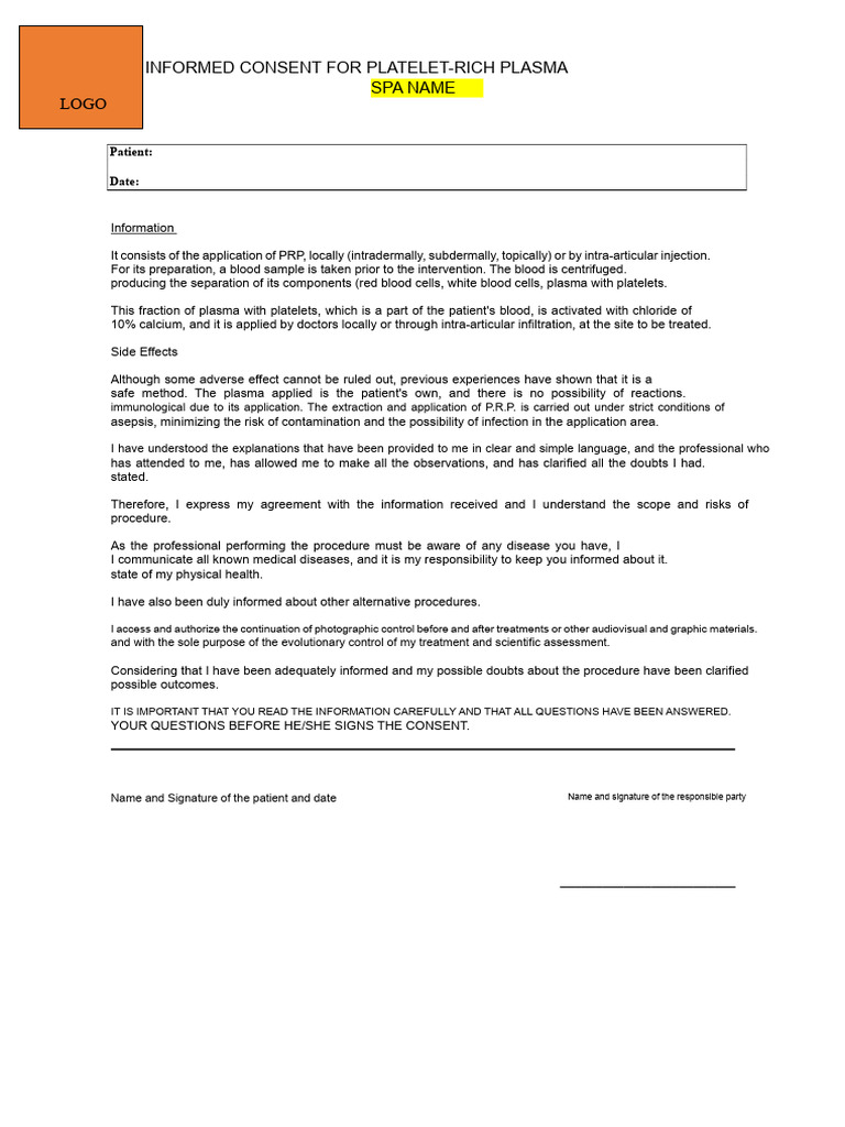 Platelet-Rich Plasma Consent Form | PDF | Medicine | Medical Specialties