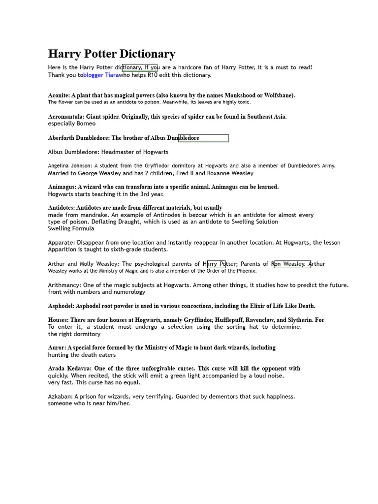 Harry Potter Dictionary | PDF | Harry Potter