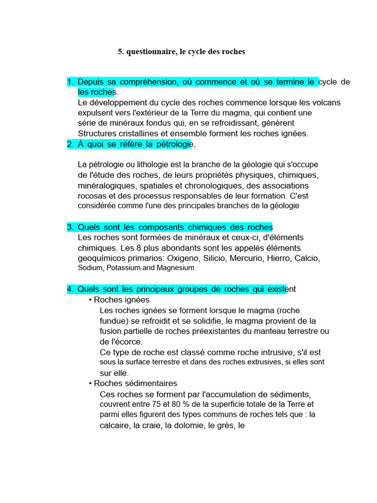 Questionnaire. Le Cycle Des Roches | PDF | Granit | Roche magmatique