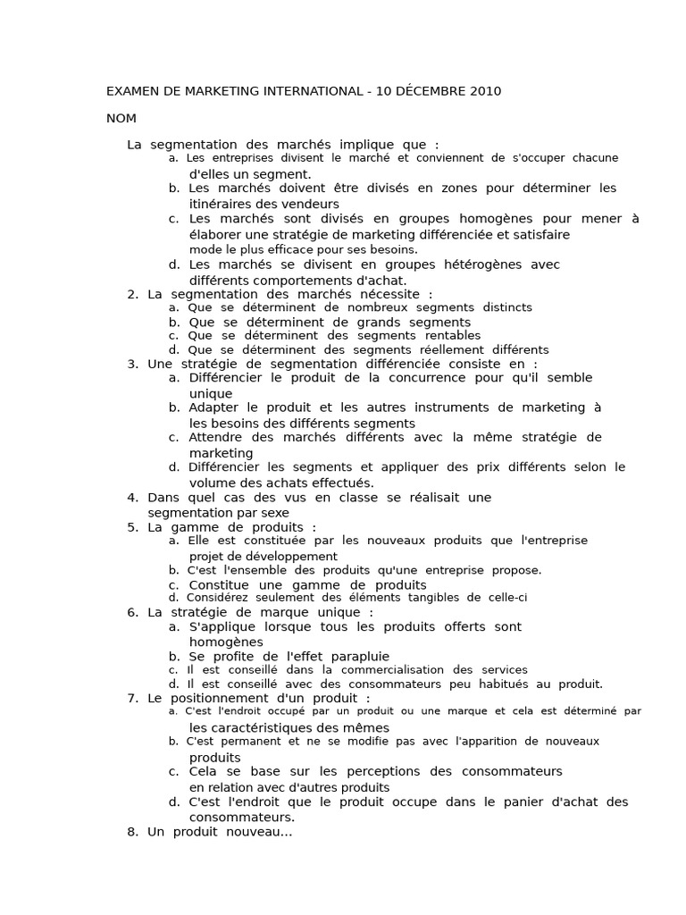 Examen de Marketing International | PDF | Commercialisation | Prix