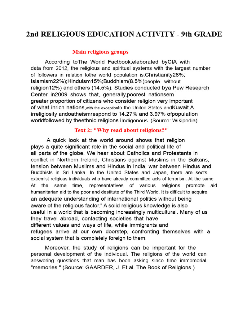 2nd Religious Education Activity - 9th Grade - February 15 To 19 | PDF ...