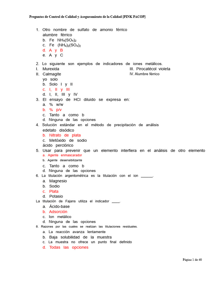 Clave de Respuestas de Control de Calidad PINK PACOP | PDF | Valoración ...