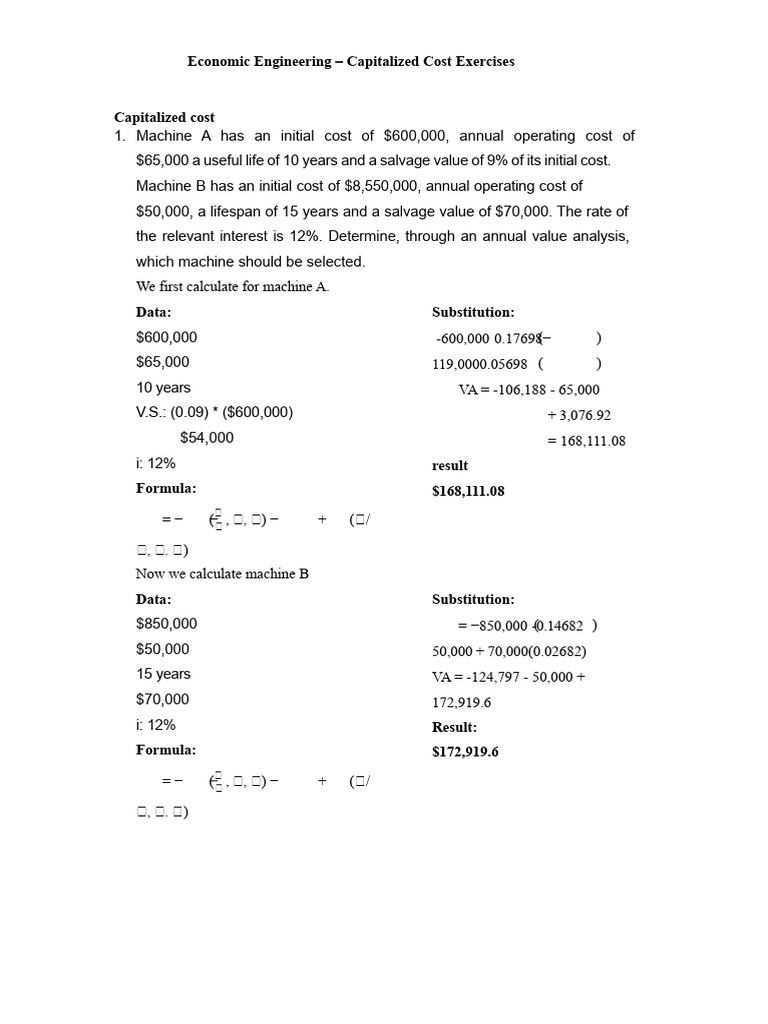 Economic Engineering Capitalized Cost Exercises | PDF