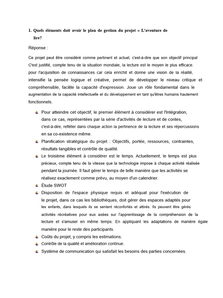 Plan de gestion pour le projet de lecture | PDF | Planification | Bases ...