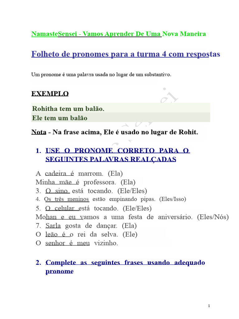 Folha de Exercícios Sobre Pronomes para A 4 Série Com Respostas | PDF ...