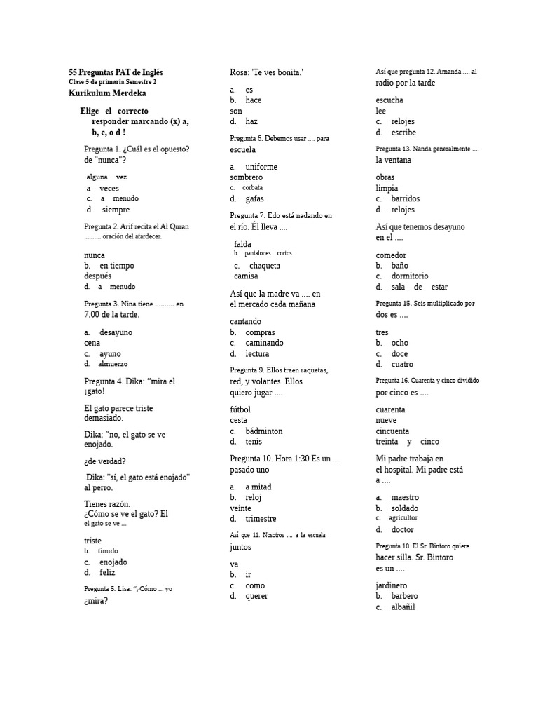 55 Preguntas PAT de Inglés para el 5to Grado de Primaria, Semestre 2 ...