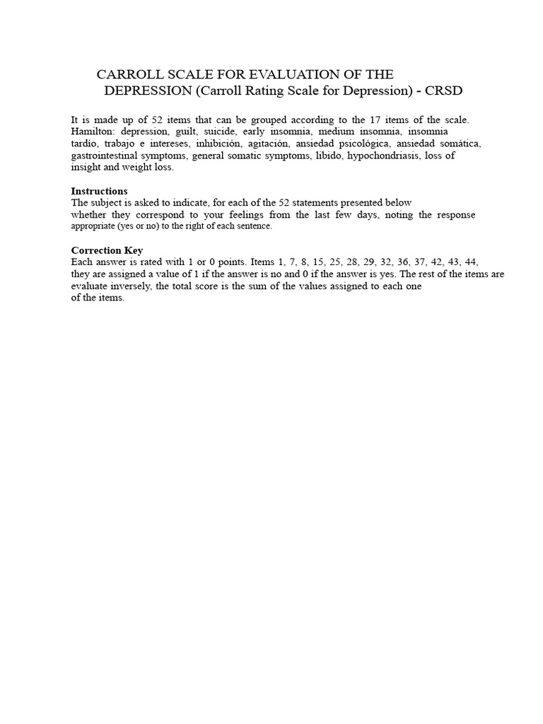 Carroll Scale For The Evaluation of Depression | PDF | Major Depressive ...