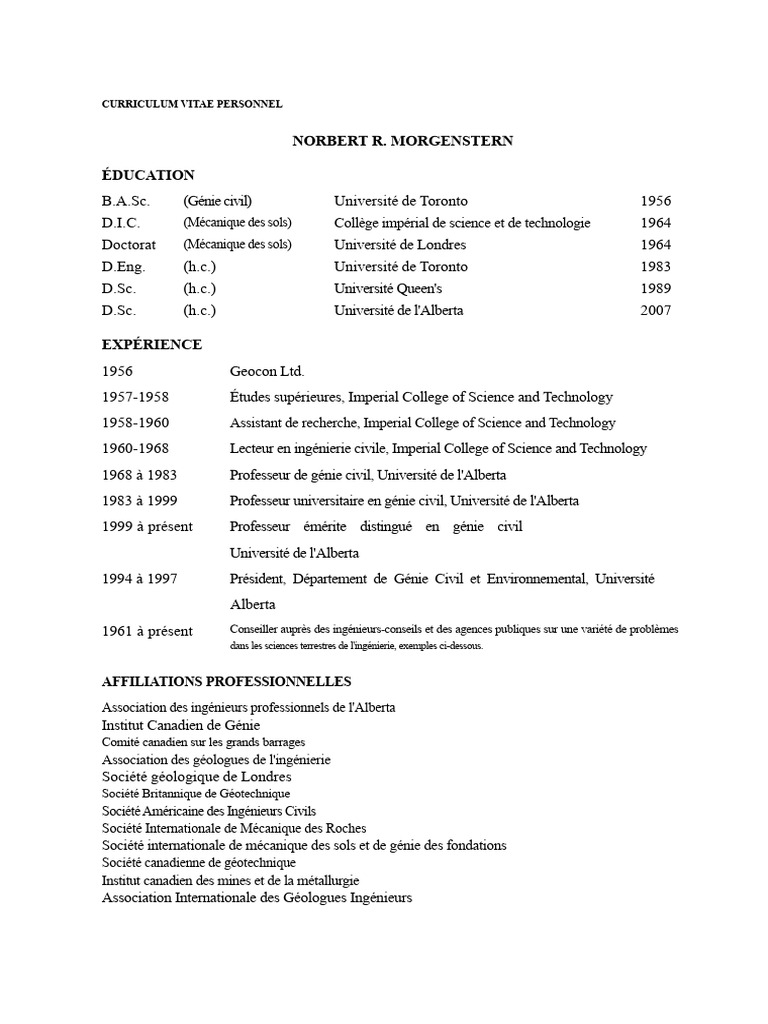 CV de Norbert R. Morgenstern, Ingénieur Civil | PDF | Génie ...