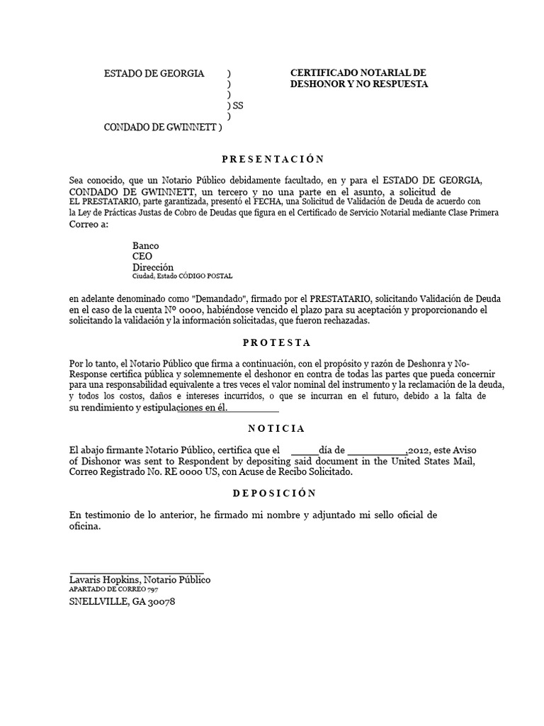 Certificado Notarial de Deshonra y No Respuesta | PDF