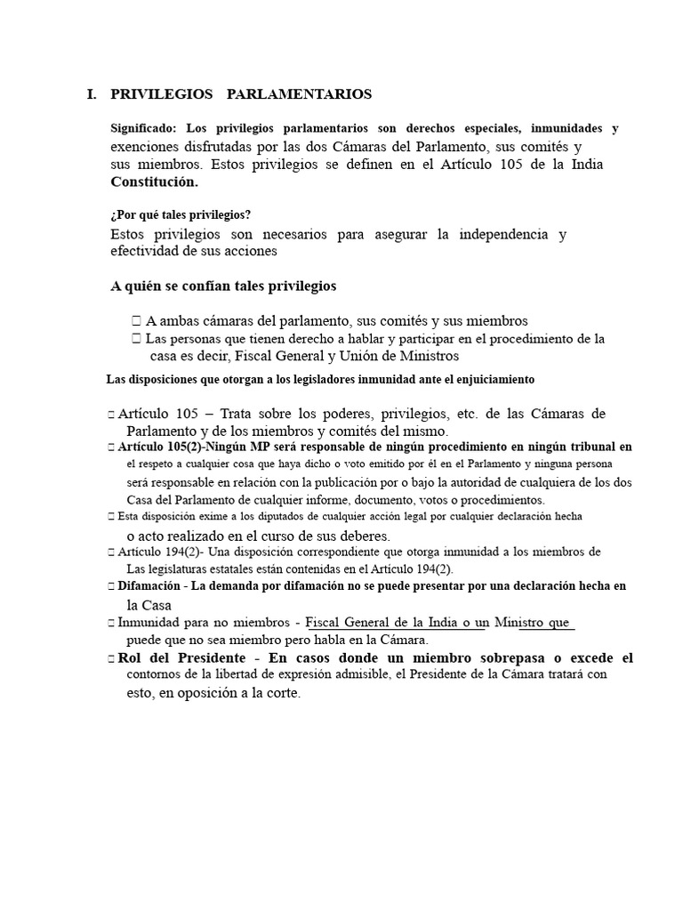 Privilegios Parlamentarios | PDF | Inmunidad parlamentaria | Parlamento