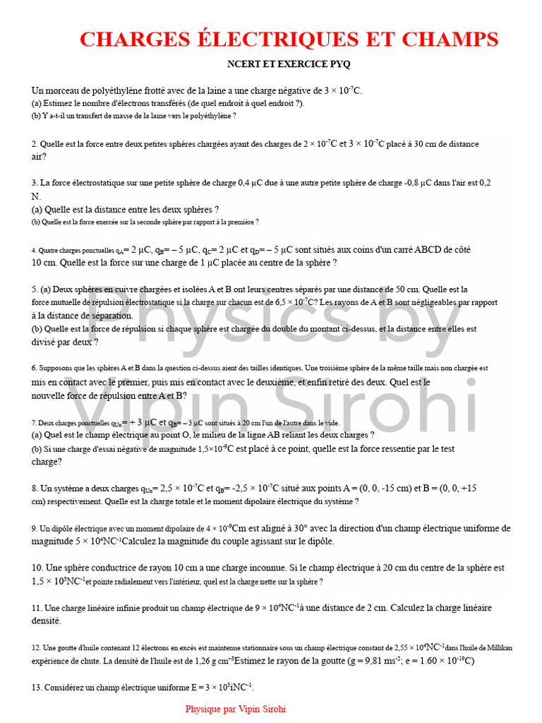 CHARGES ÉLECTRIQUES ET CHAMPS (Pyq) | PDF | Champ électrique ...