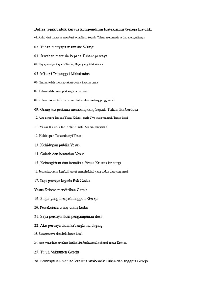 Daftar Tema Untuk Kursus Kompendium Katekismus Gereja Katolik | PDF