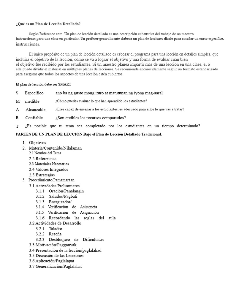 Partes Del Plan de Lección Detallado | PDF | Sicología | Ciencias del ...