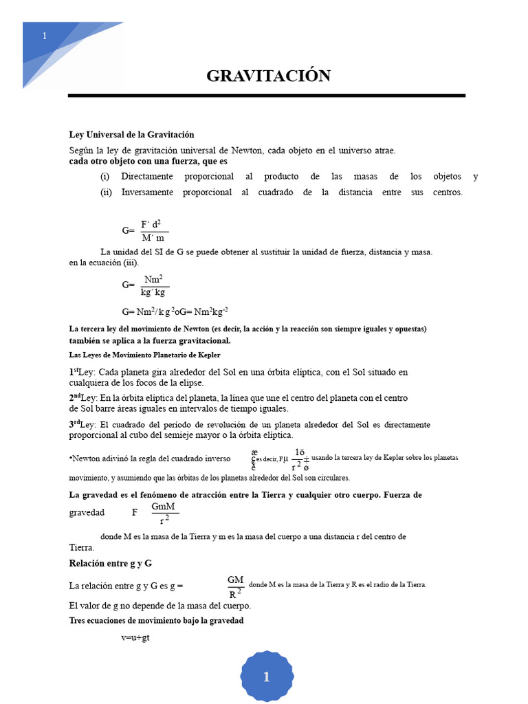 Hoja de Fórmulas de Gravitación | PDF | Gravedad | Orbita