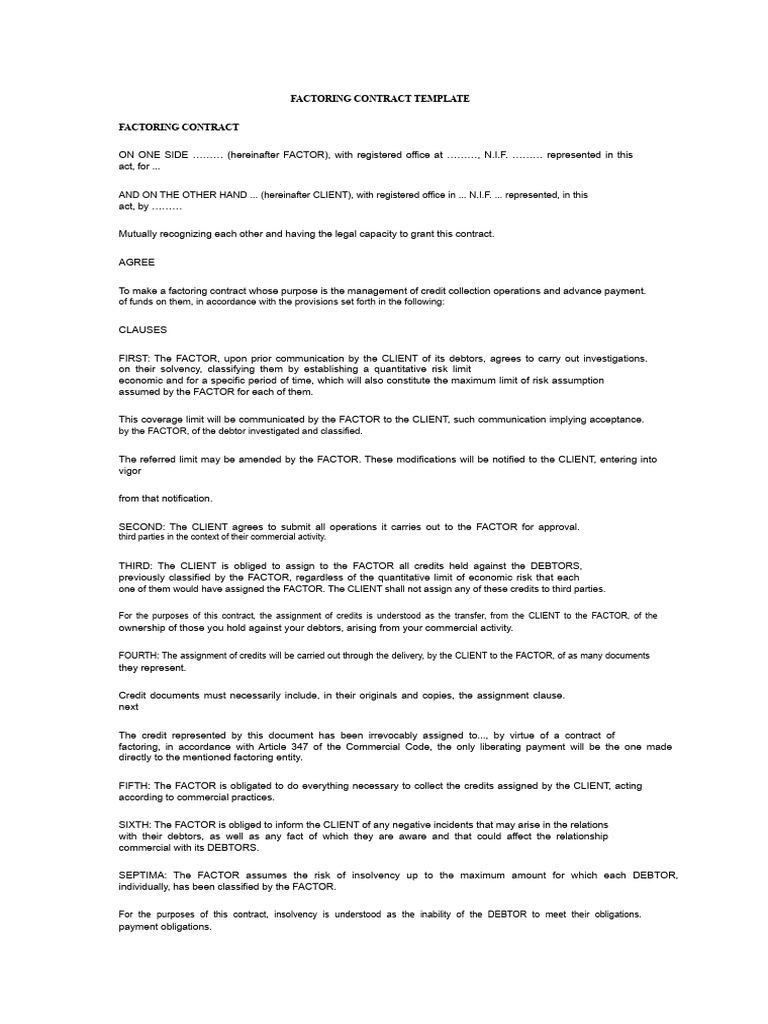 Factoring Contract Template Guide | PDF | Factoring (Finance) | Bankruptcy