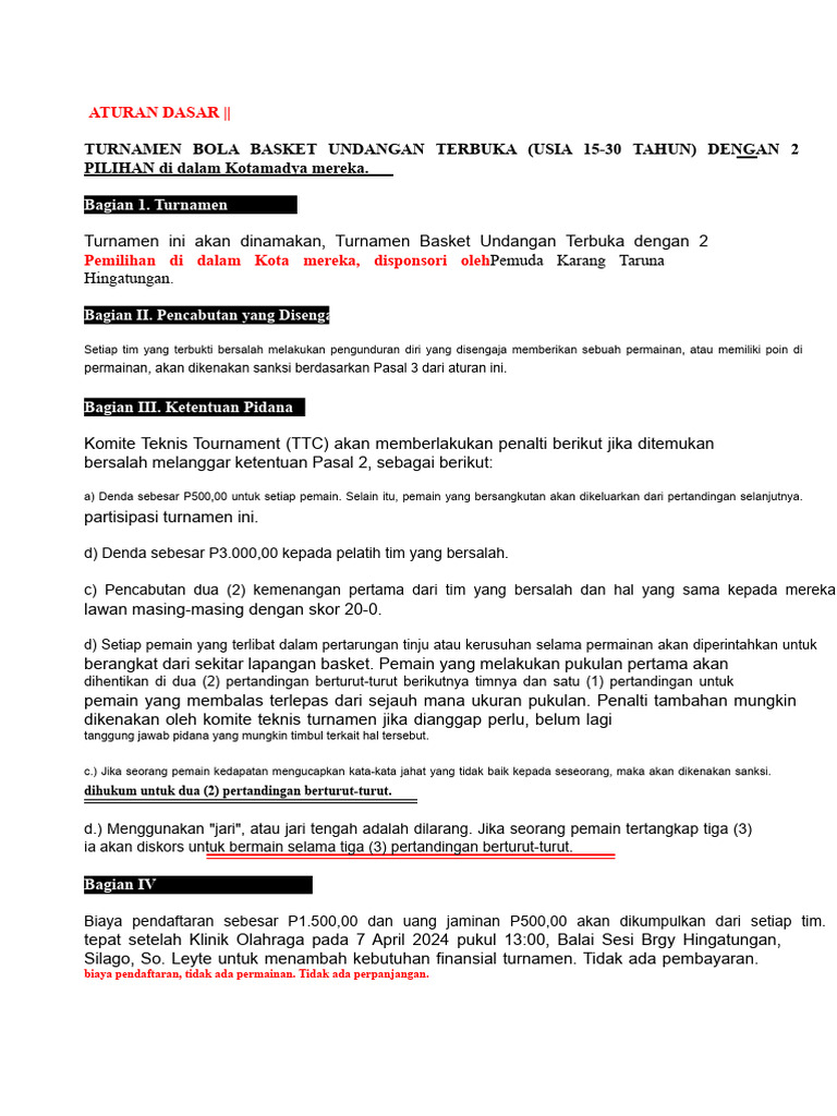 Aturan Dasar Bola Basket 2024 | PDF