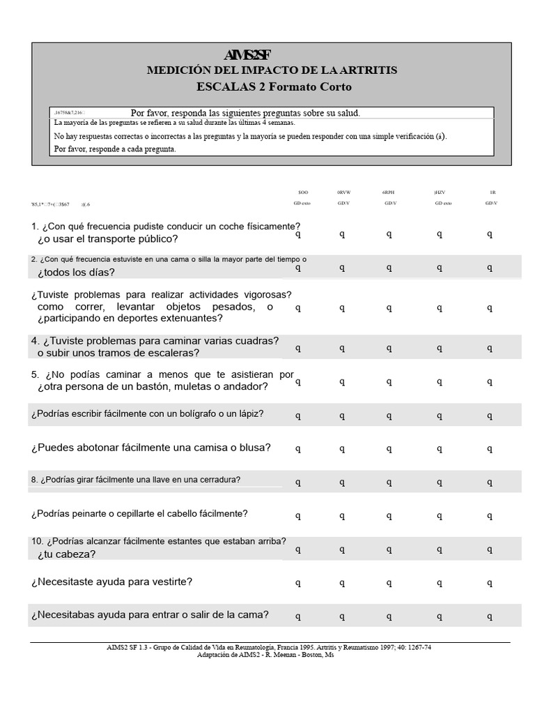 AIMS-2 SF: Evaluación de Artritis | PDF