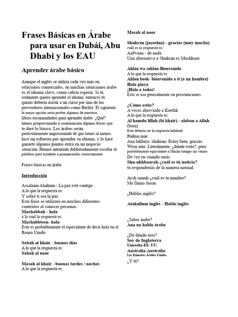 Frases Básicas en Árabe para Dubái | PDF | Arábica | Emiratos Árabes Unidos