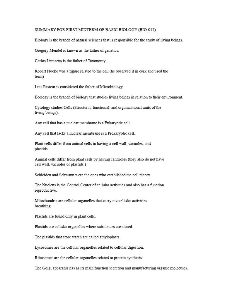 Summary For The First Midterm of Basic Biology | PDF | Cell (Biology ...