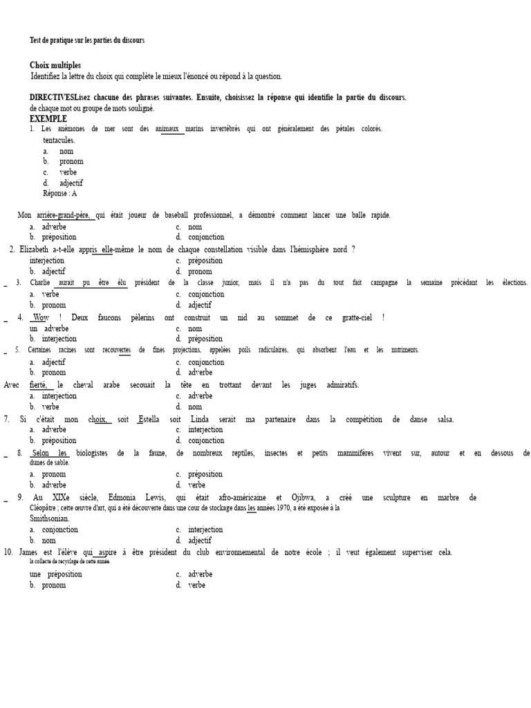 Test de Pratique Sur Les Parties Du Discours | PDF | Nature (grammaire ...