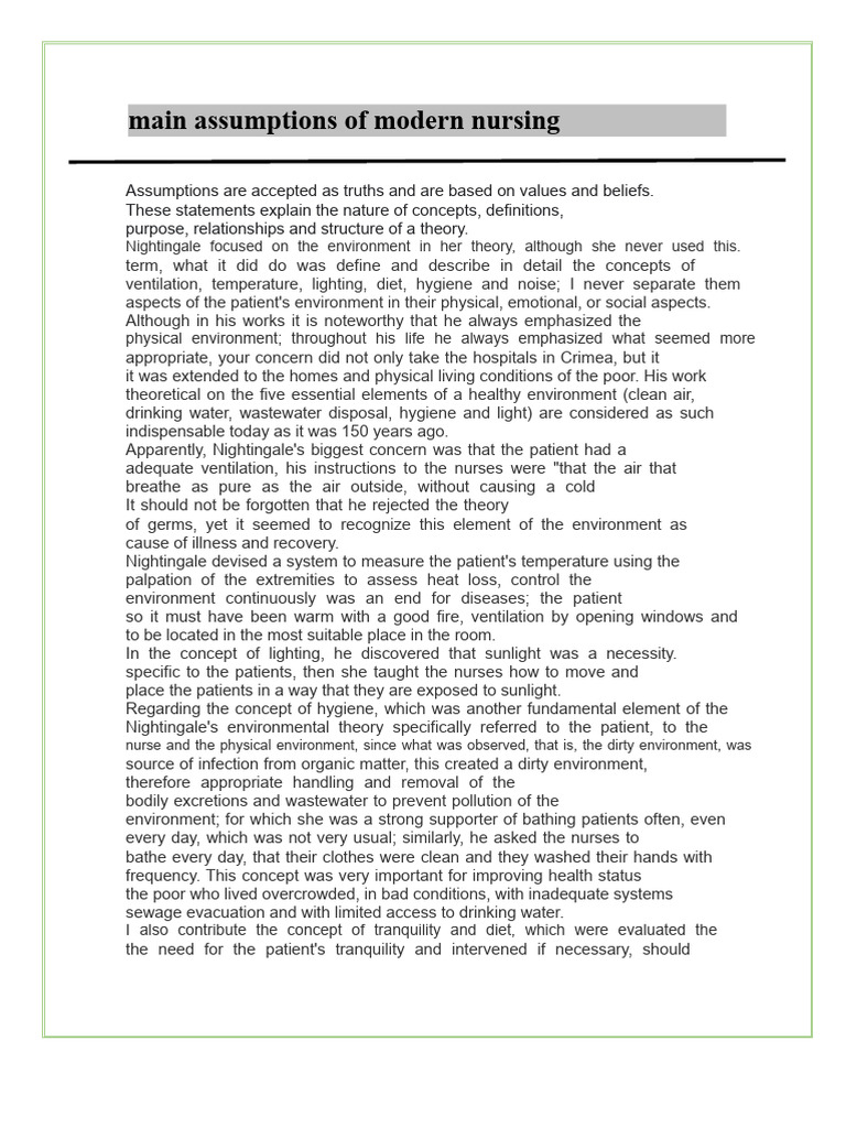 Key Assumptions in Modern Nursing Theory | PDF | Nursing | Florence ...