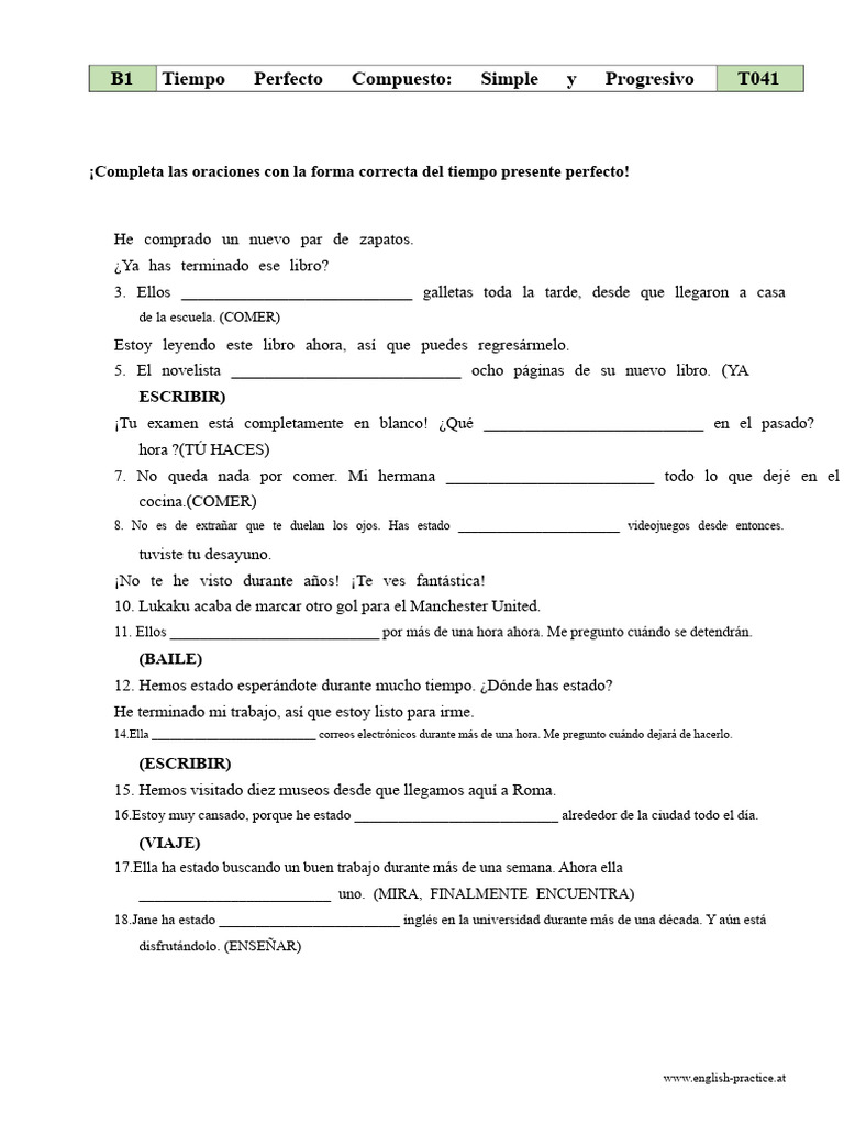 Ejercicios de Presente Perfecto Compuesto | PDF