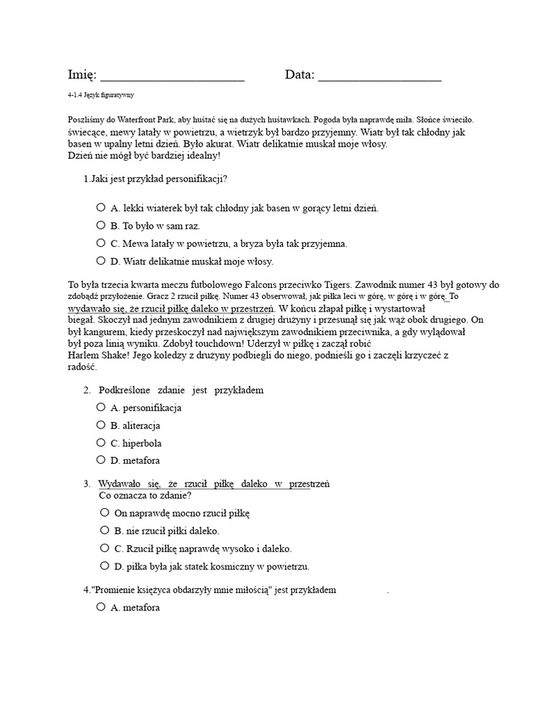Karta Pracy Do Samodzielnej Praktyki: Personifikacja I Hiperbola | PDF