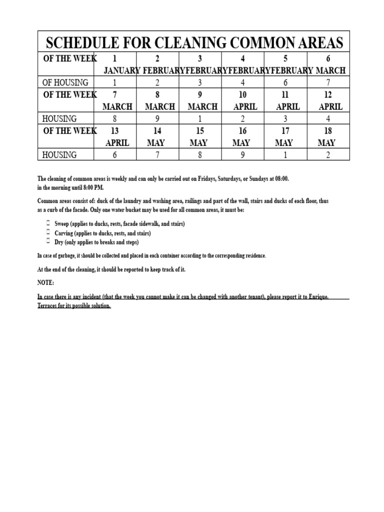 Weekly Common Area Cleaning Schedule | PDF