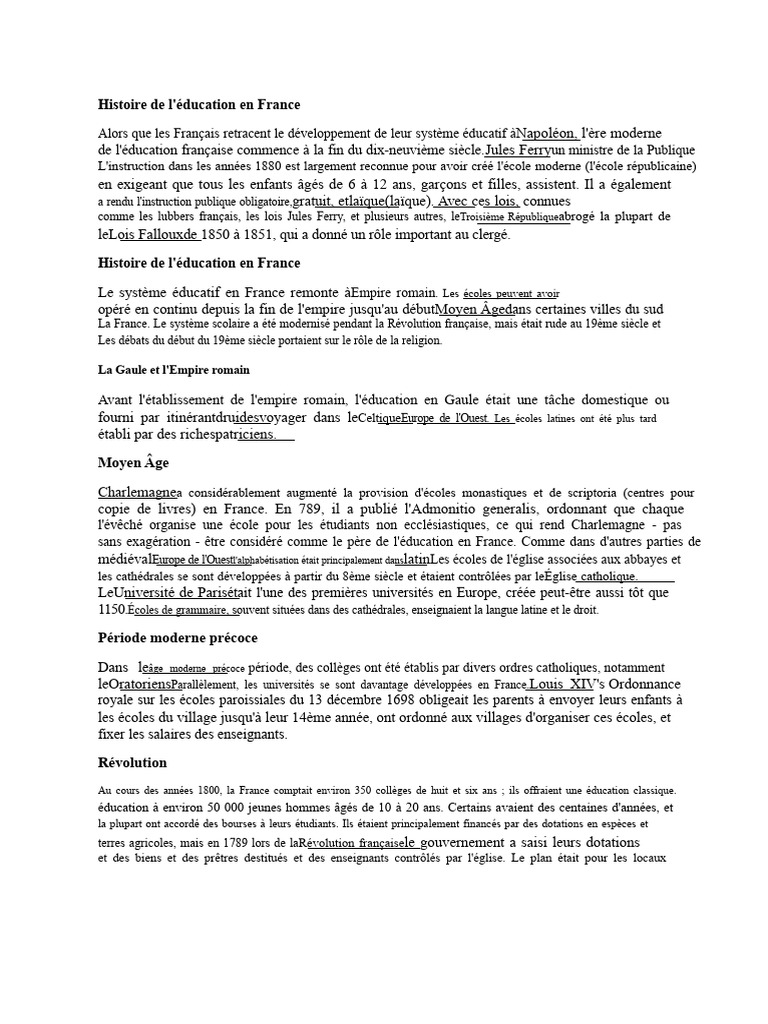 Évolution de l'éducation en France | PDF | Niveaux d'enseignement