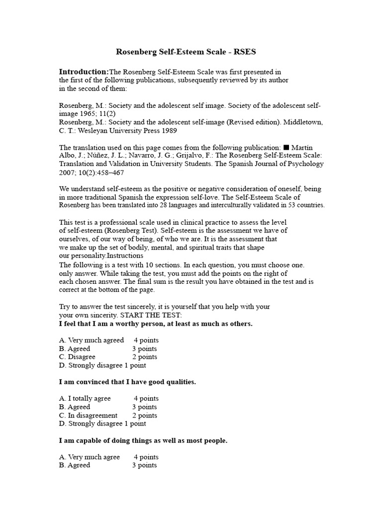 Rosenberg Self-Esteem Scale Test Guide | PDF | Self Esteem | Social ...
