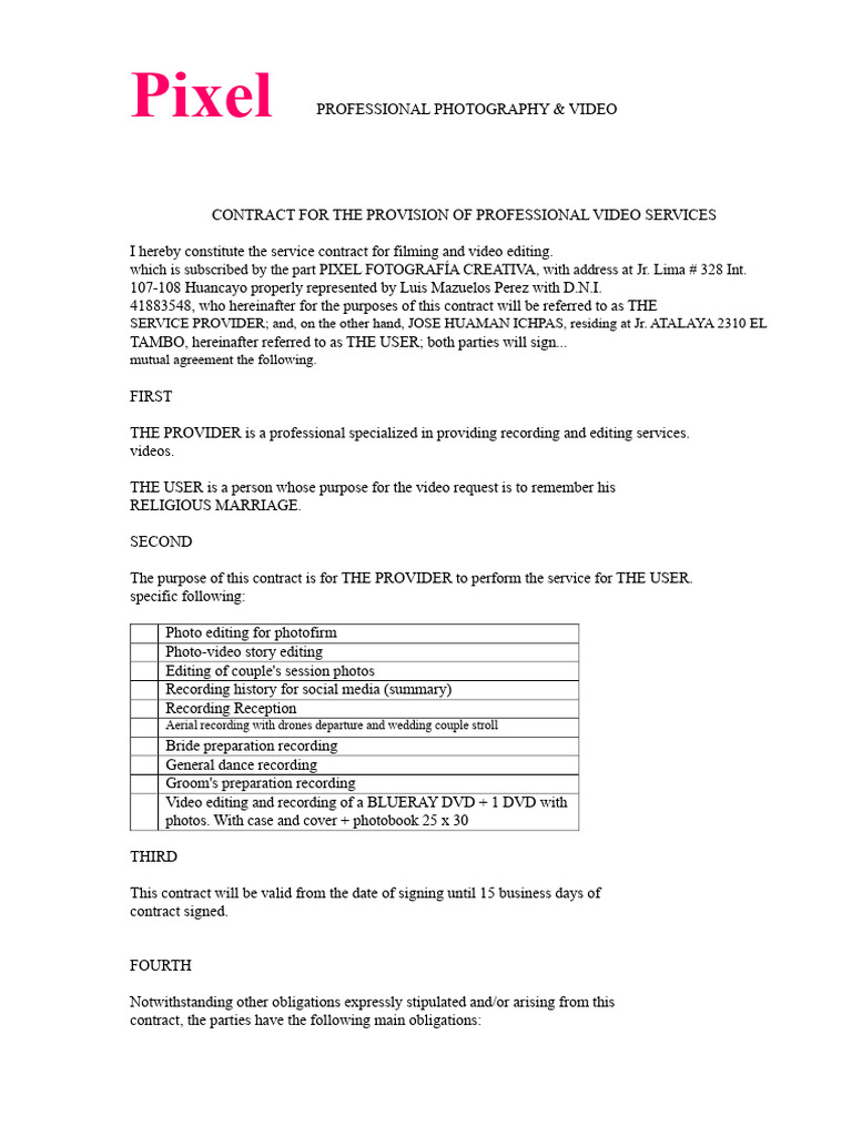 Contract For The Provision of Professional Video Services Quince 900 ...