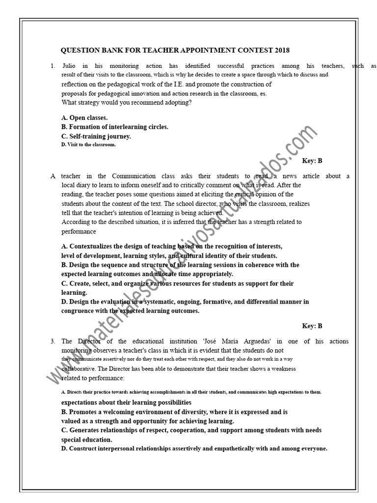 Questions and Keys For Teacher Appointment 2018 | PDF | Teachers | Pedagogy