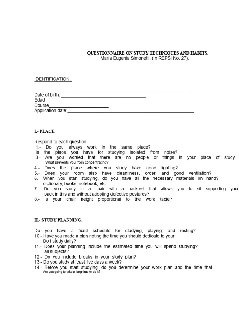 Study Habits Questionnaire | PDF | Learning | Cognition