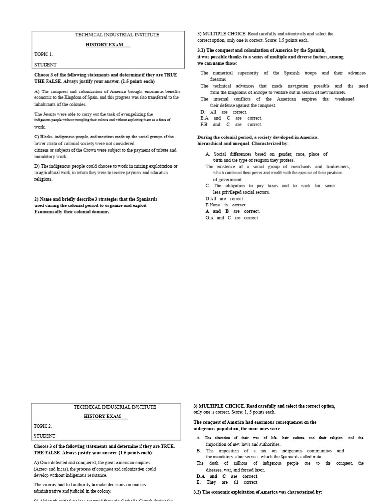 History Exam: Spanish Colonization Factors | PDF | Spanish Colonization ...