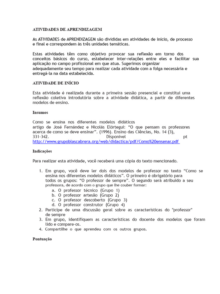 Atividades De Aprendizagem Pdf Aprendizado Método De Ensino