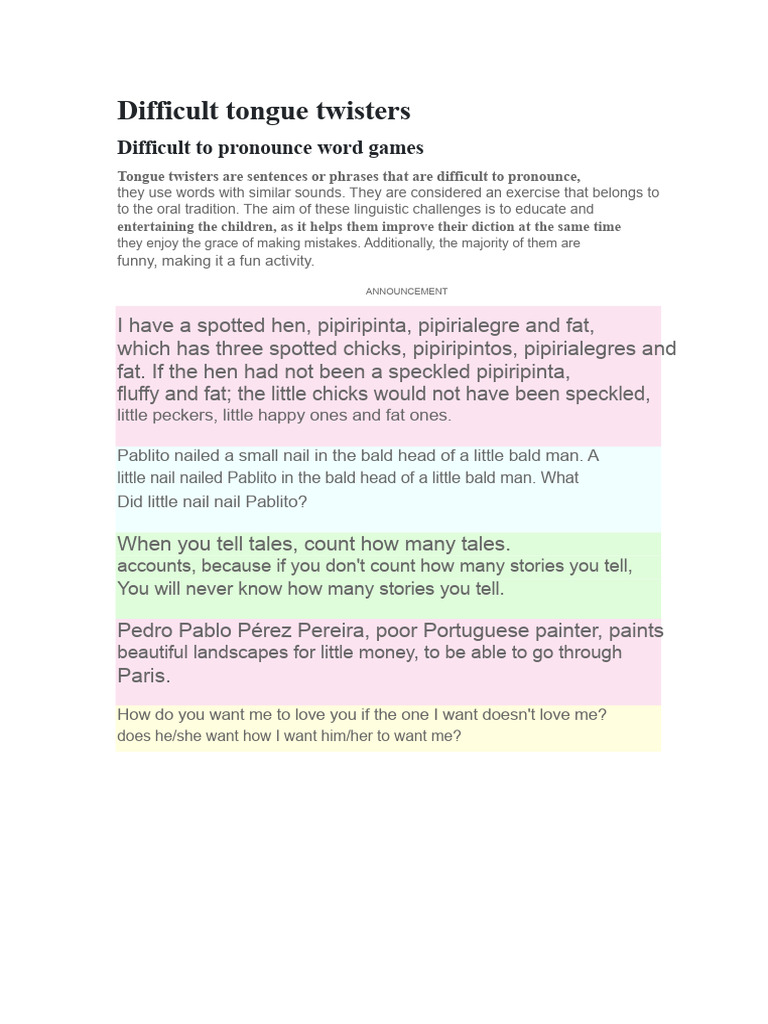 Challenging Tongue Twisters for Kids | PDF