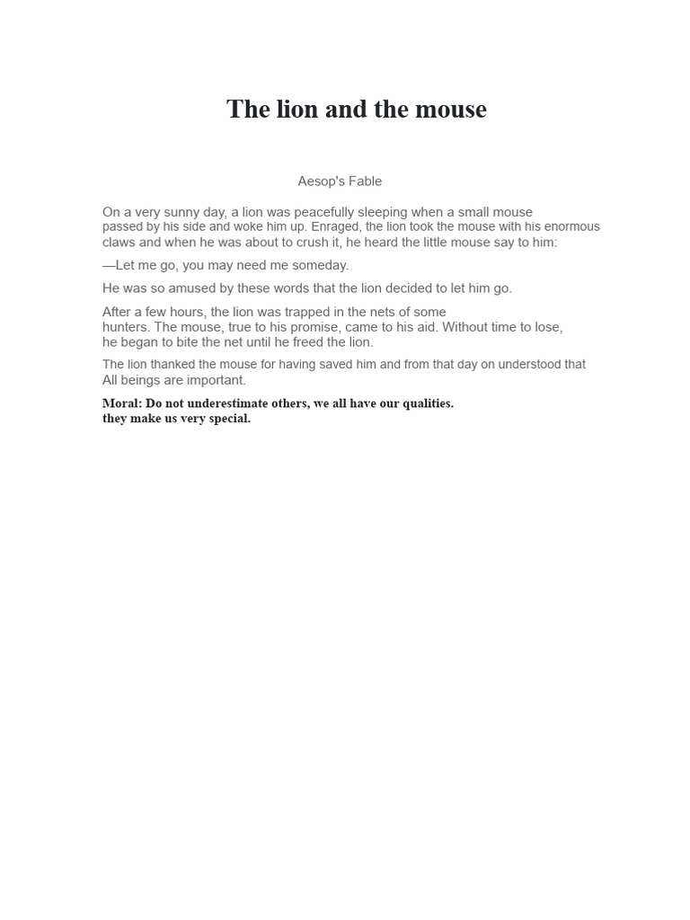 Aesop's Fable: Lion and Mouse Story | PDF