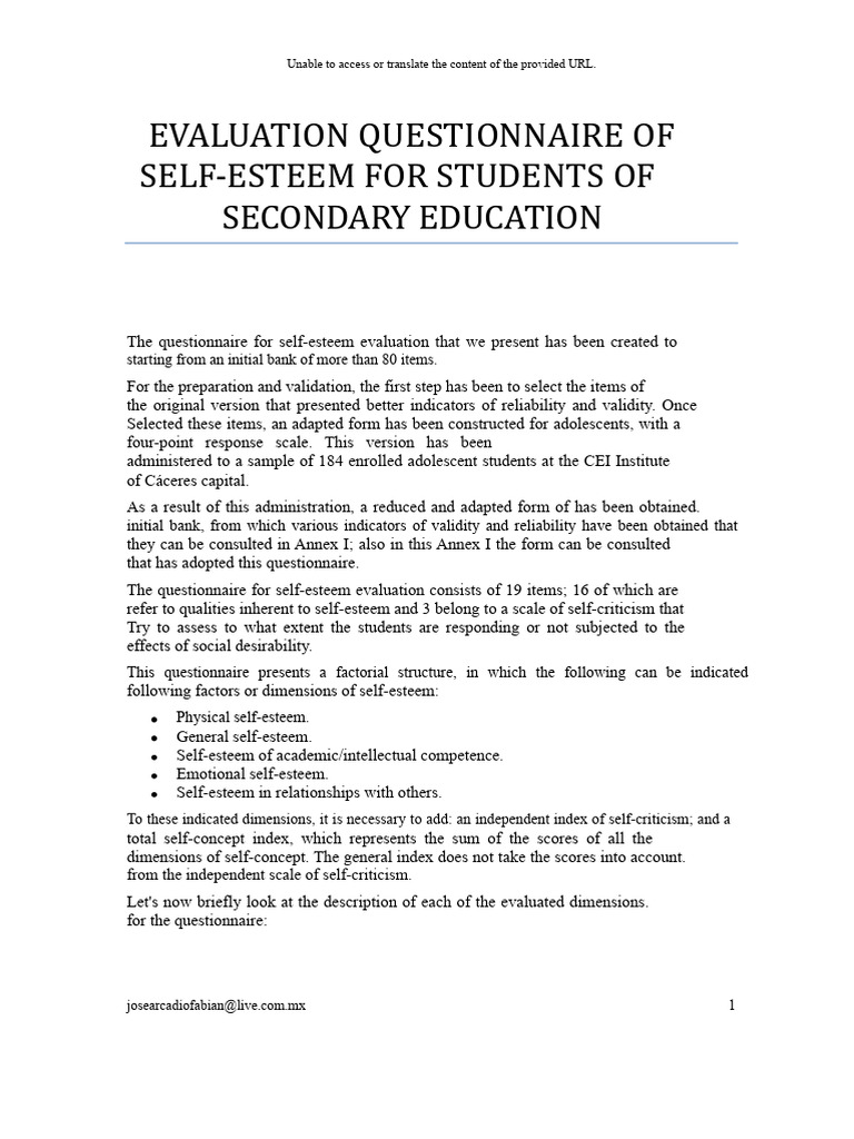 Self-Esteem Evaluation for Adolescents | PDF | Self Concept | Self Esteem