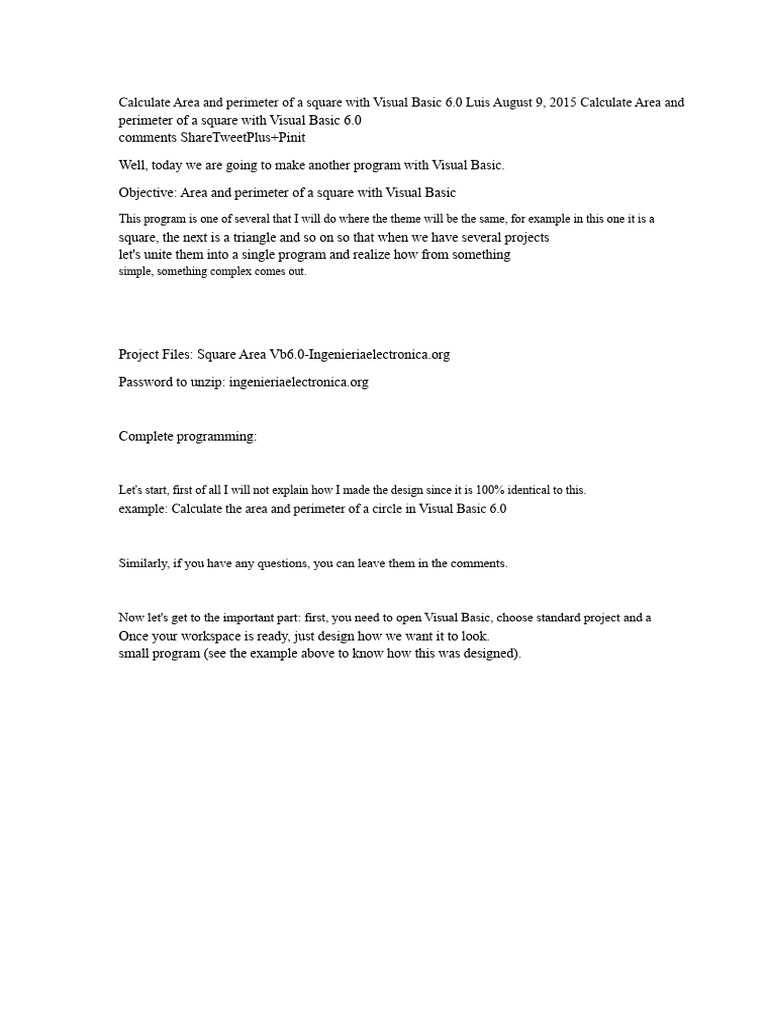 Calculate Area and Perimeter of A Square With Visual Basic 6 | PDF