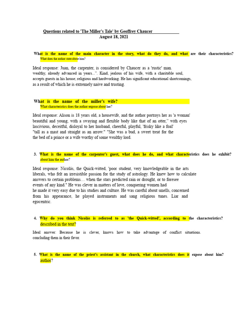 Character Analysis in The Miller's Tale | PDF