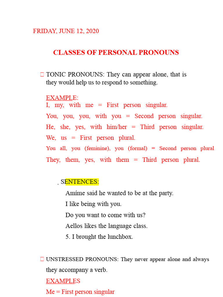 Classes of Personal Pronouns | PDF