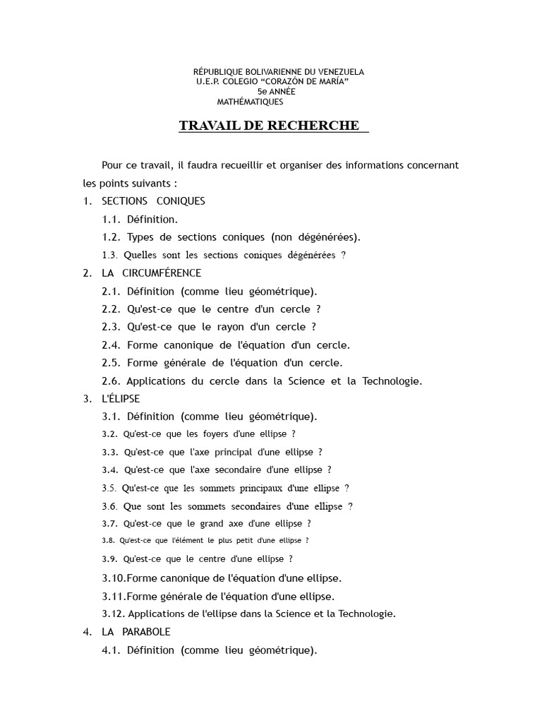 Travail Sur Les Sections Coniques 5ème Année | PDF | Ellipse | Cercle