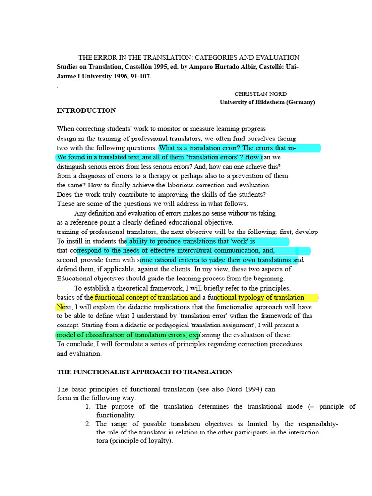Evaluating Translation Errors in Education | PDF | Translations ...