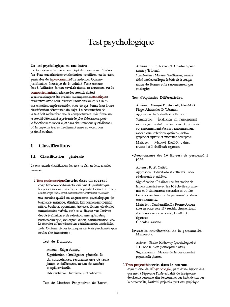 Tests Psychologiques et Évaluation de la Personnalité | PDF ...