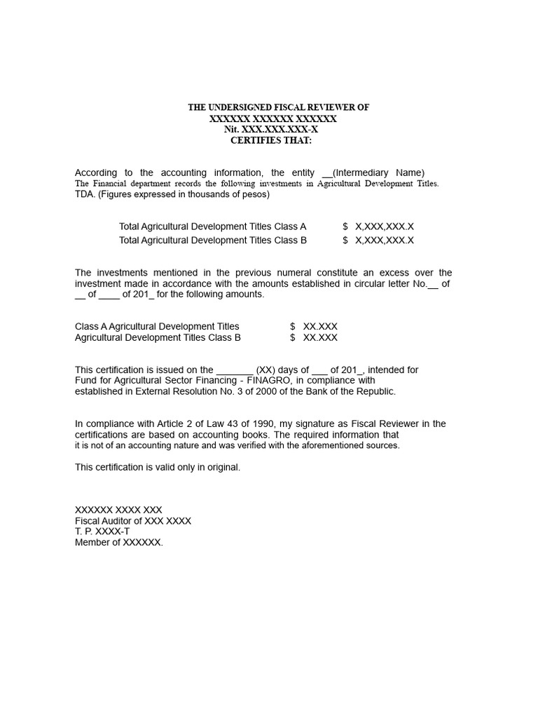 Model Letter Certification of A Fiscal Auditor | PDF