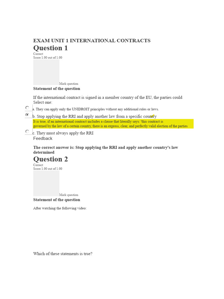 Unit 1 Exam International Contracts | PDF | Offer And Acceptance | Justice