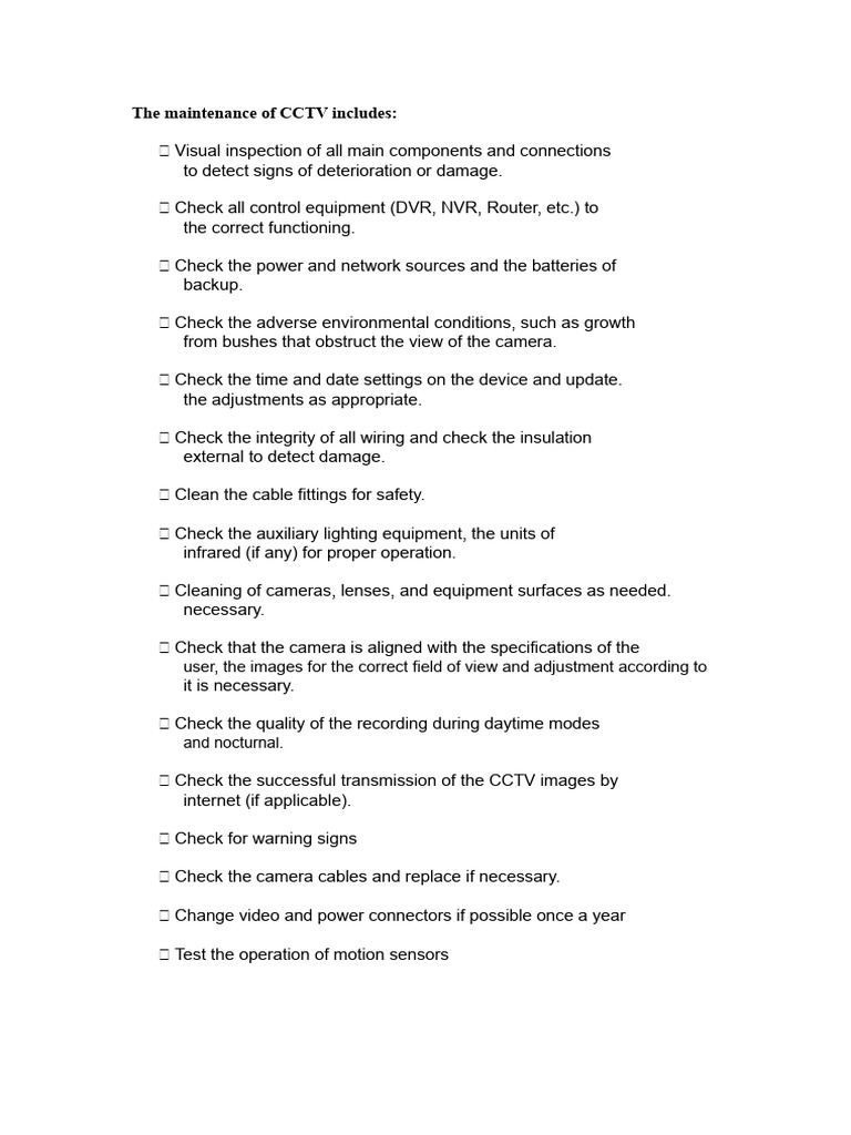 Essential CCTV Maintenance Checklist | PDF | Closed Circuit Television ...