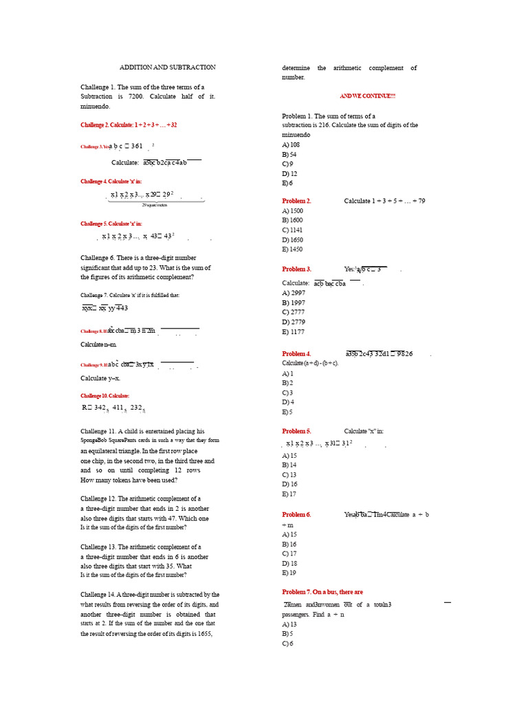 Arithmetic Challenges: Addition & Subtraction | PDF | Subtraction | Numbers