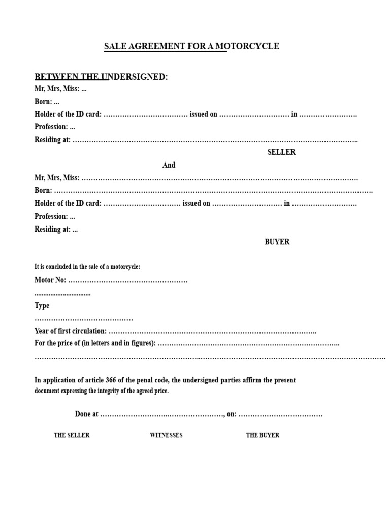 Motorcycle Sale Agreement Template | PDF